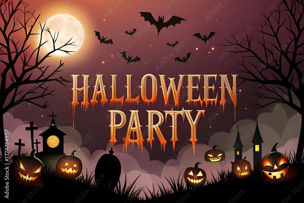 Spooky halloween party scene with jack o lanterns and bats Stock Photo ...