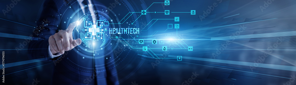 Doctor touching virtual screen a global HealthTech innovation. Digital ...