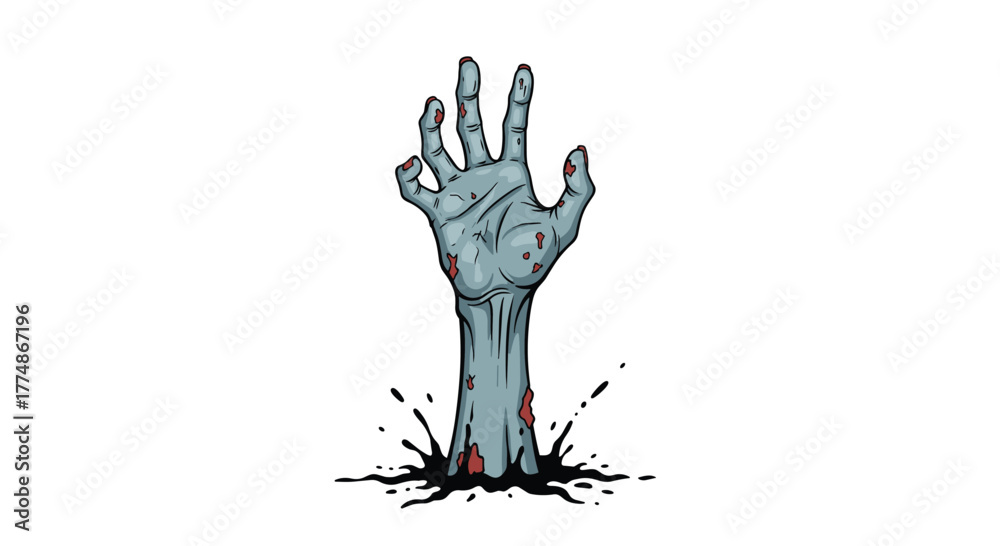A creepy zombie hand, pale and blood-splattered, reaches from a dark ...