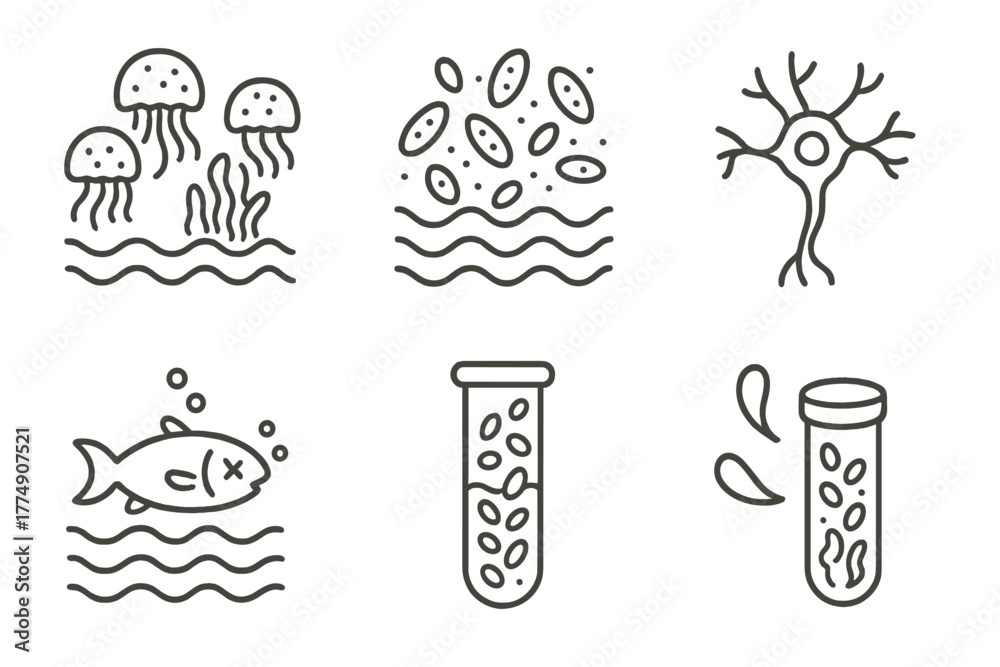 Marine Biology Icons. Line style icons of marine biology: marine toxins ...