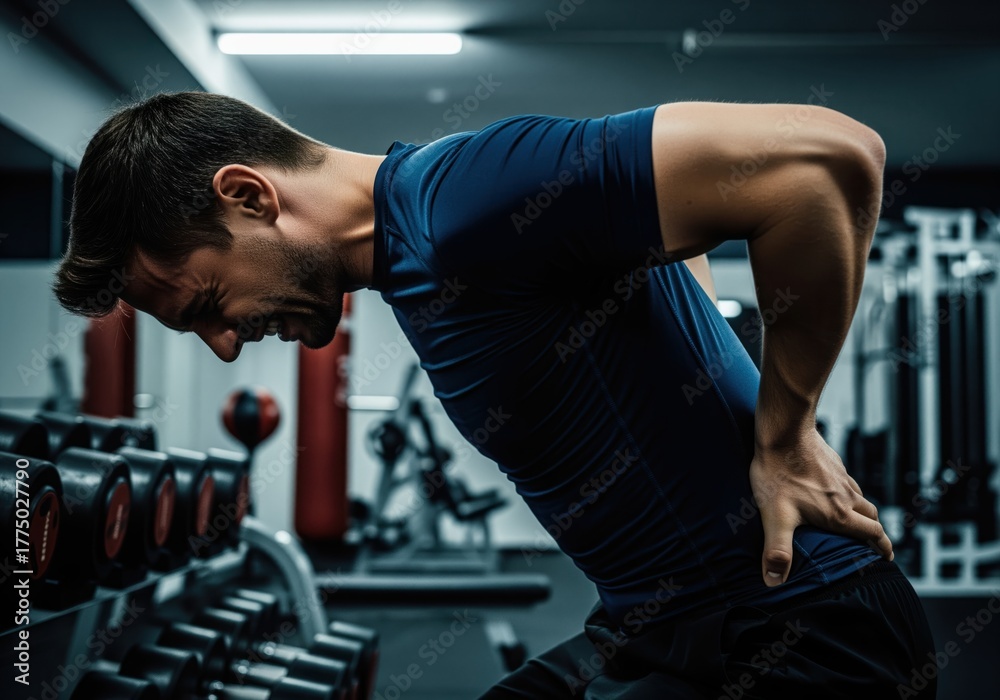 Male athlete experiencing acute lower back pain injury during intense ...