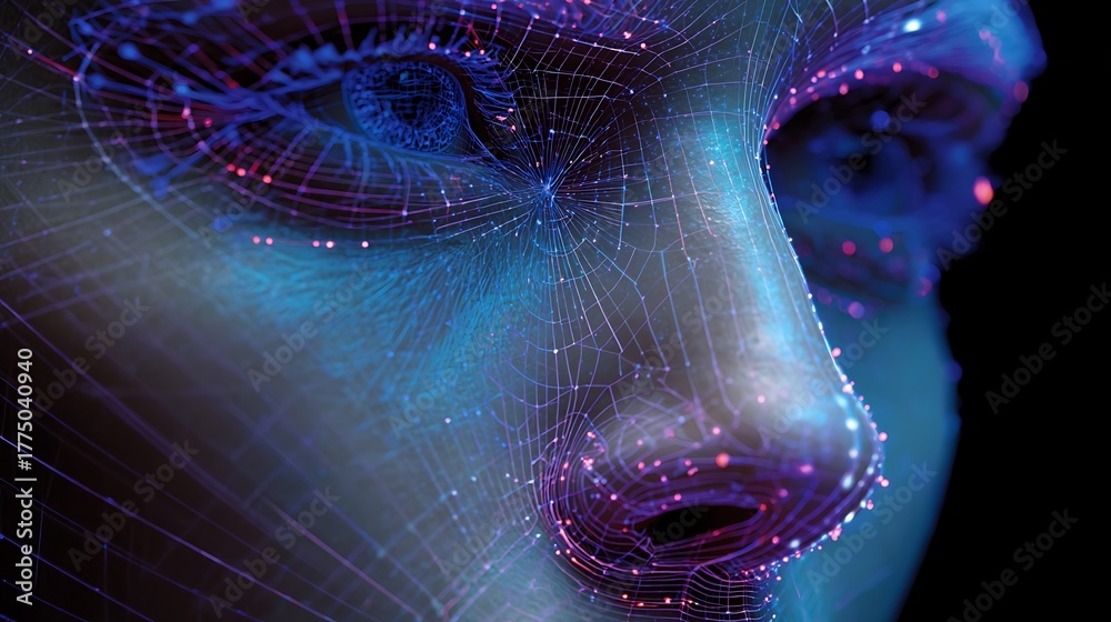 AI face scan interface, glowing blue and purple holographic lines ...