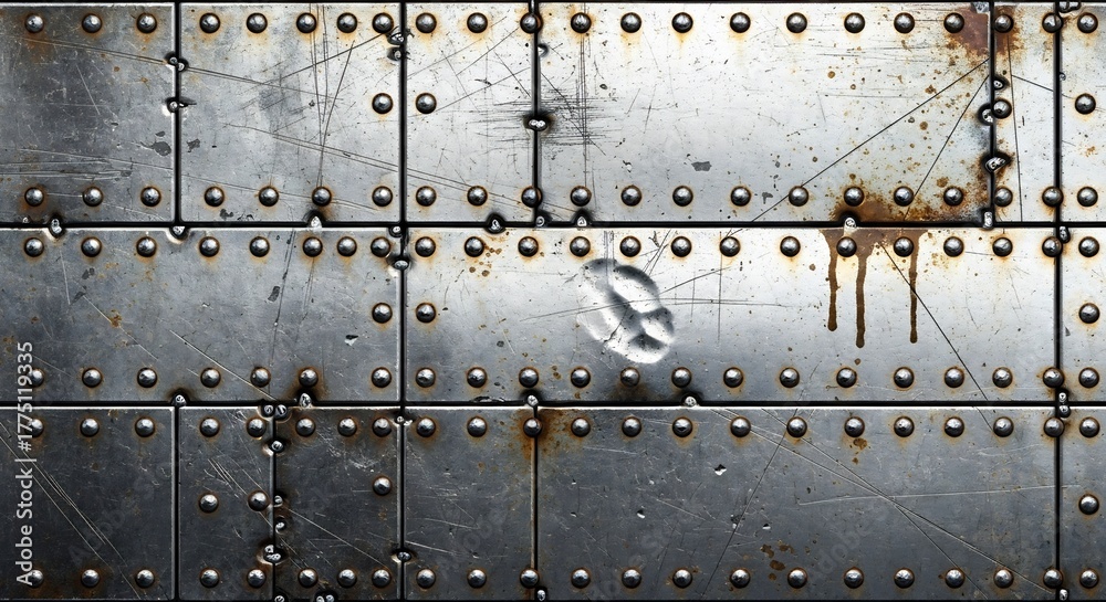 Metal plates with rivets show wear scratches a dent and rust stains ...