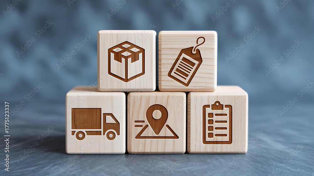 Logistics and delivery icons on wooden blocks package tag truck ...