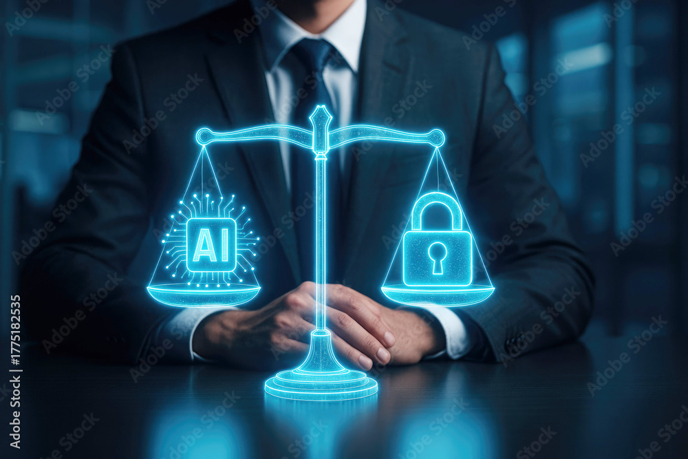 Scales of justice balancing AI innovation and security protection with ...