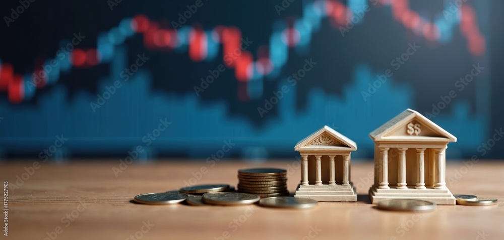 Small bank buildings, coin stacks sit before blurred stock market graph ...