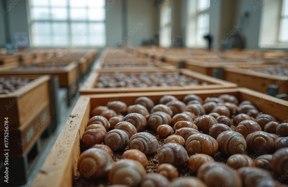 Numerous brown snails rest inside wooden boxes in farm. Molluscs ...