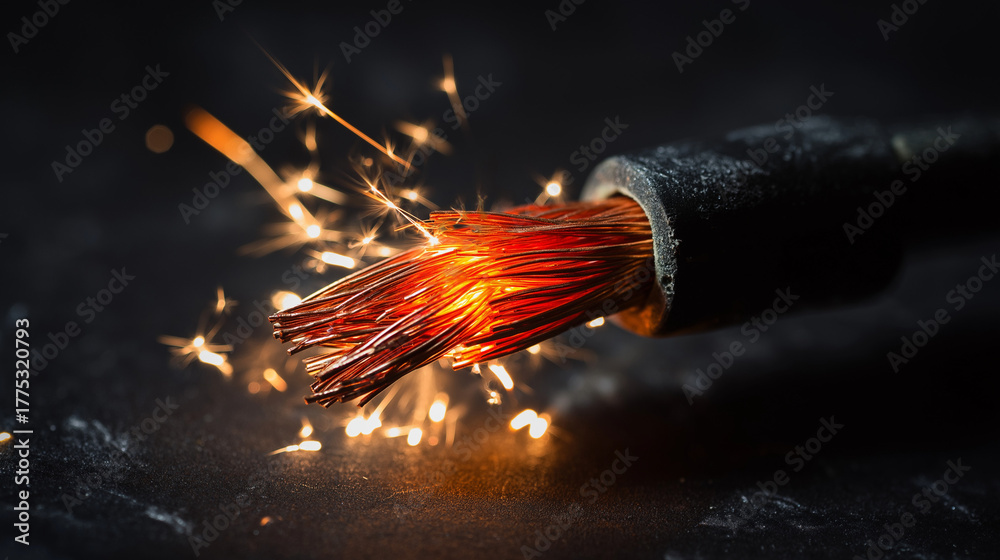 severed. Severed electrical cable with sparks from exposed copper wires ...