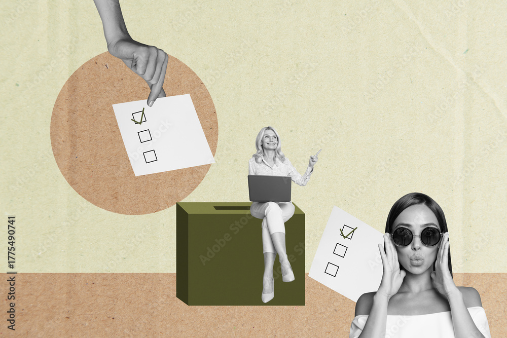 Full 3d trendy magazine photo collage of happy girl guy stand election ...