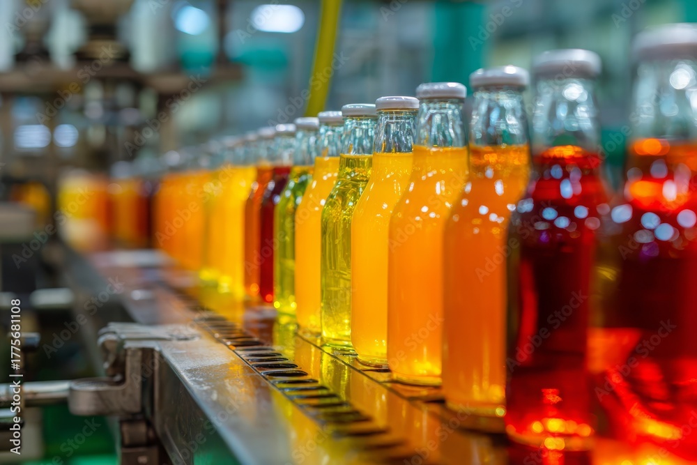 Bottling line of colorful drinks in glass bottles, automated production ...