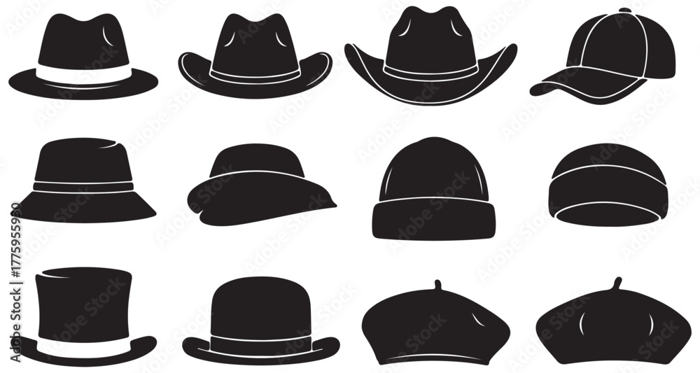 cap hat beret bonnet Shape set collection pack black icon silhouette ...