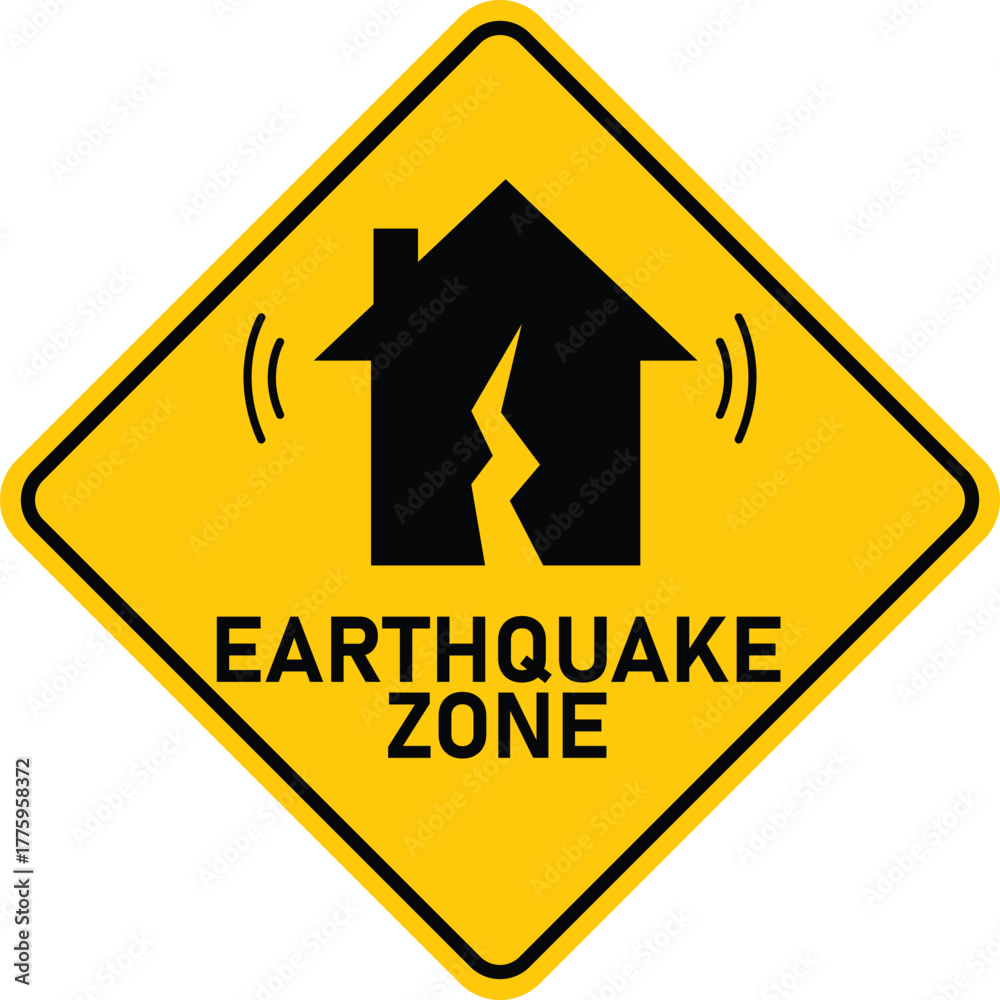 Earthquake zone icon. Earthquake warning sign with crack house symbol ...