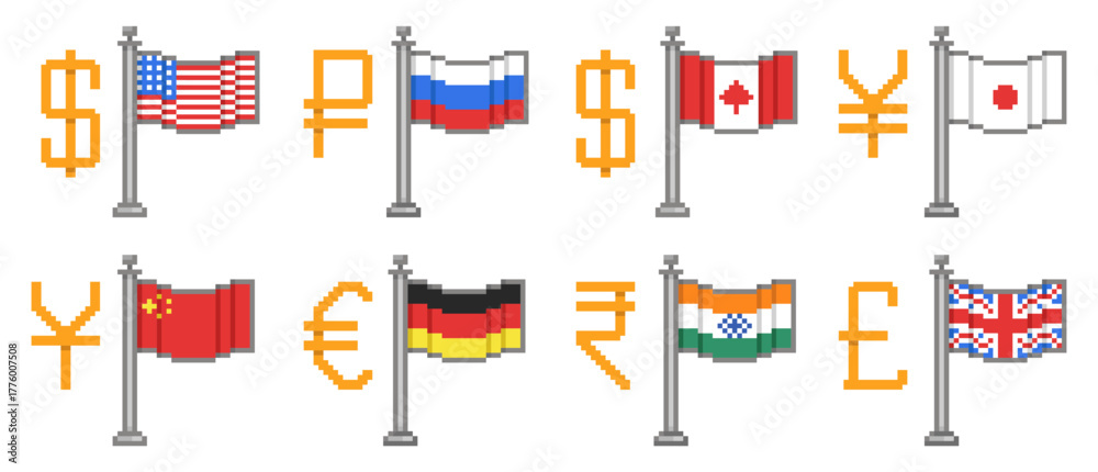 Currency signs and flags. Countries monetary units, 8 bit pixel icons ...