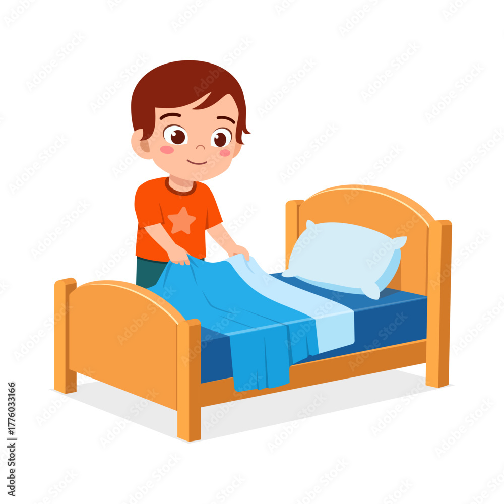 Cute Little Boy Making Bed Tidying Up Room Illustration Cartoon Stock ...