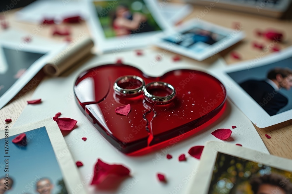 Symbolic Wedding Rings resting on shattered glass heart amidst disarray ...