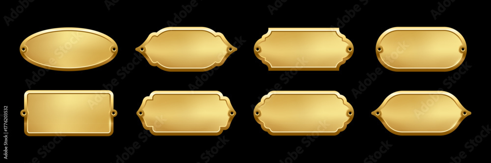 Blank golden metal nameplate plaques in various vintage shapes with ...