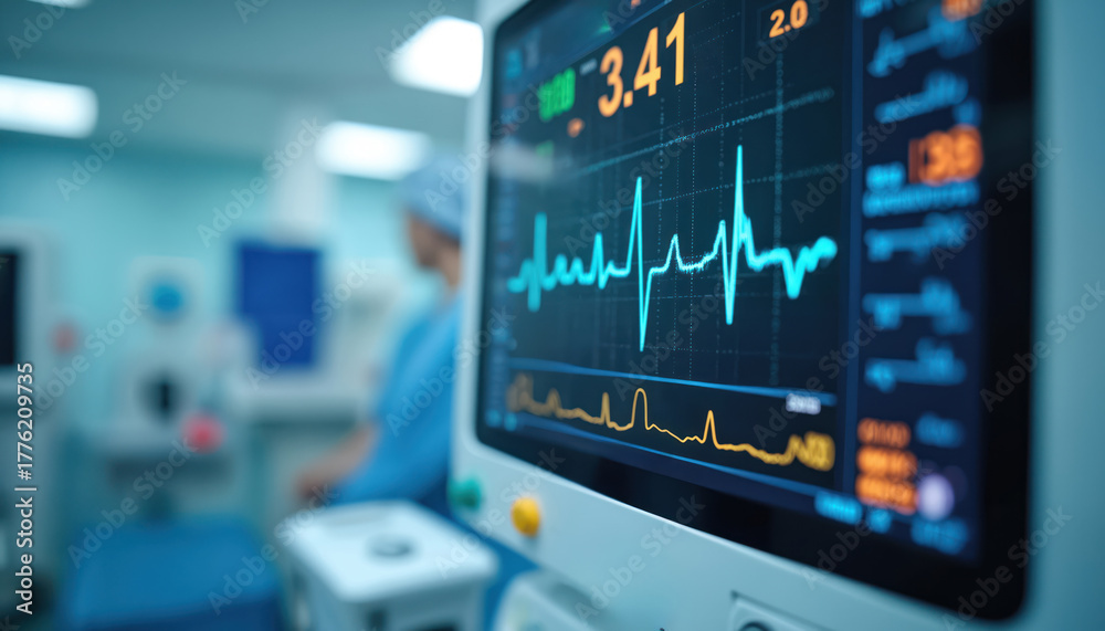 Medical monitor screen displays patient vital signs data, showing ECG ...