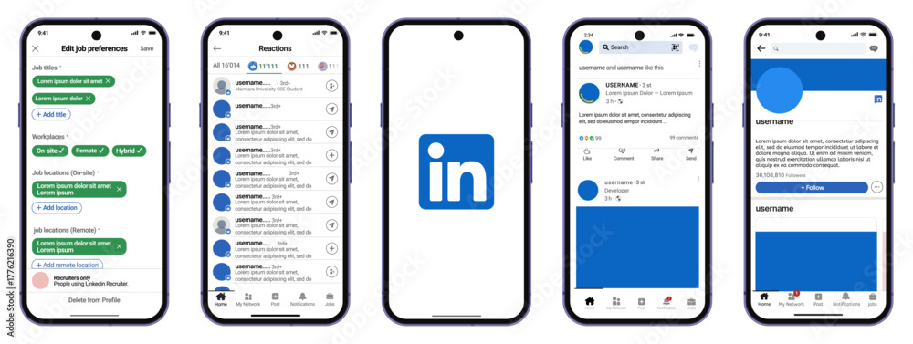 LinkedIn Mobile App Interface in Light Mode – Feed, Profile and Job ...