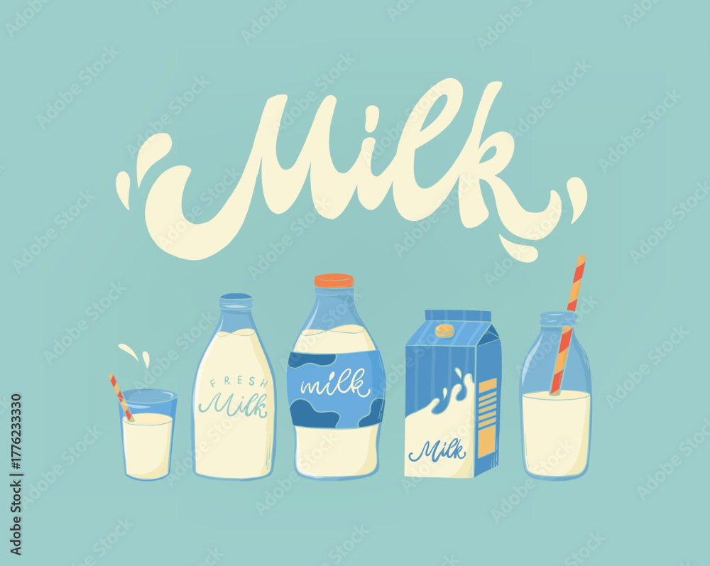 Stock-Vektorgrafik „Milk doodles, dairy products illustration with milk bottles and carton for ...