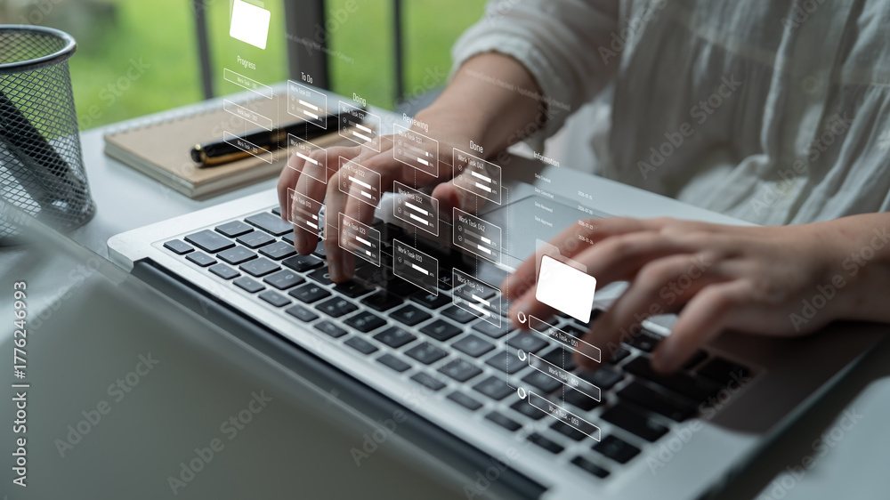 Project management system showing workflow stages, task progress, and ...