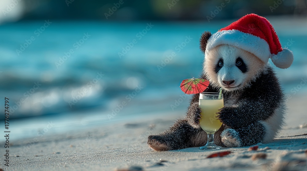 Cute panda with cocktail celebrates new year in Santa hat on the beach ...