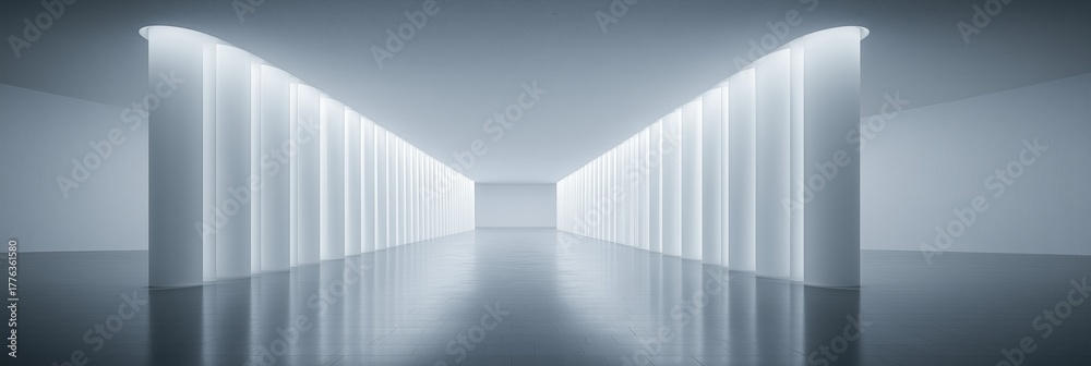 Vast hall with mirrored walls and glowing vertical columns, illuminated ...