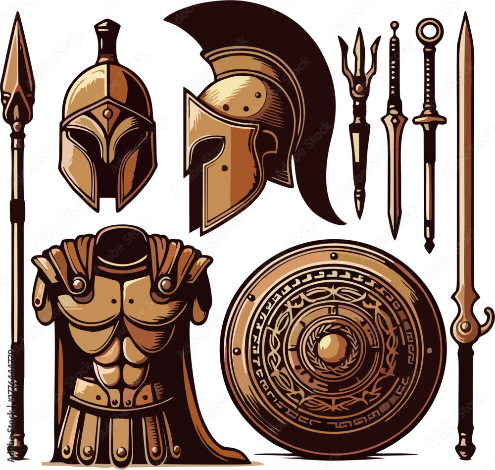 Vintage Spartan Armor and Weapon Set Vector Illustration – Greek ...