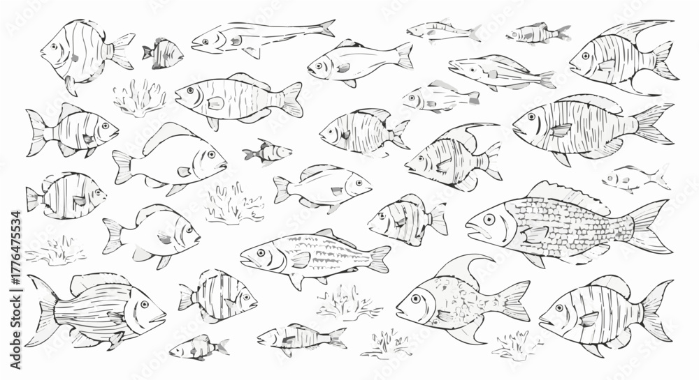 Hand drawn sketch of a school of fish swimming together simple line art ...