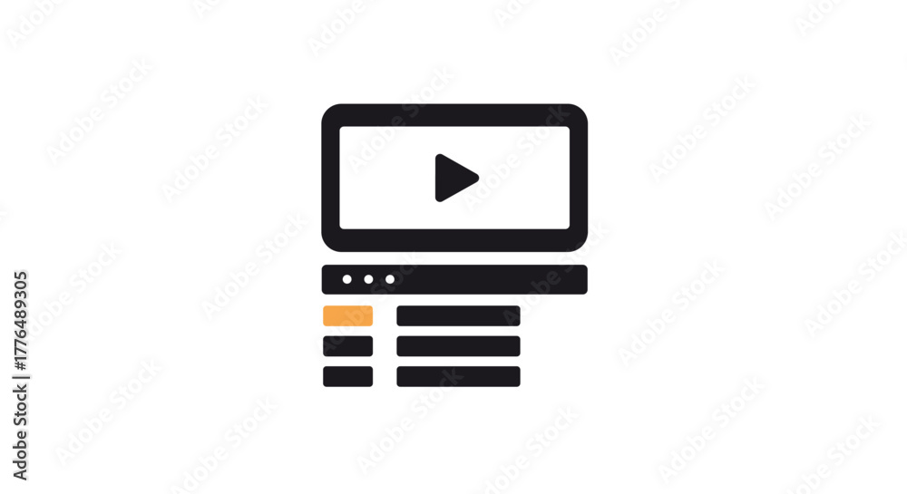 Minimalistic video player icon with play button and menu layout in flat ...