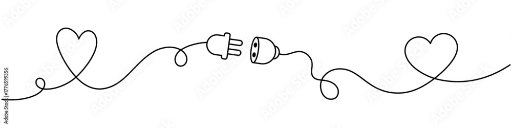 Two hearts connected by electric plug and socket in one continuous line ...