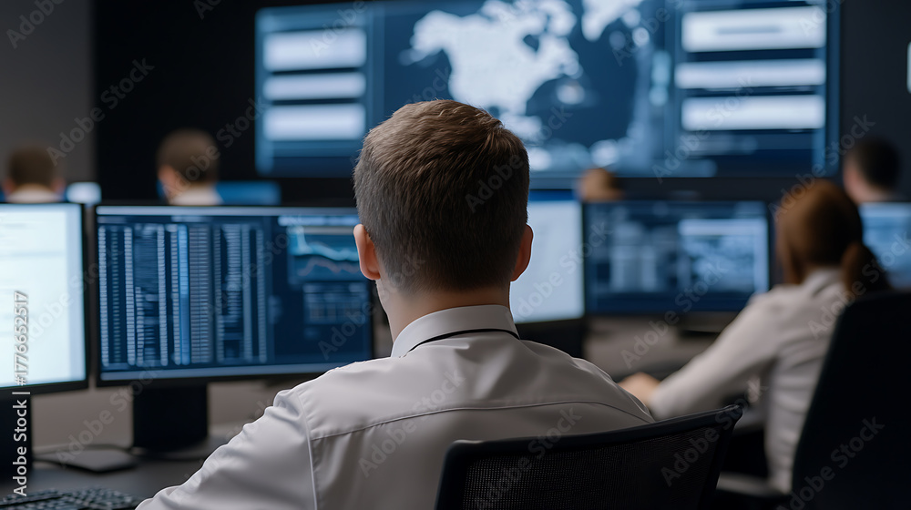 Inside the command center, analysts watch multiple screens displaying ...