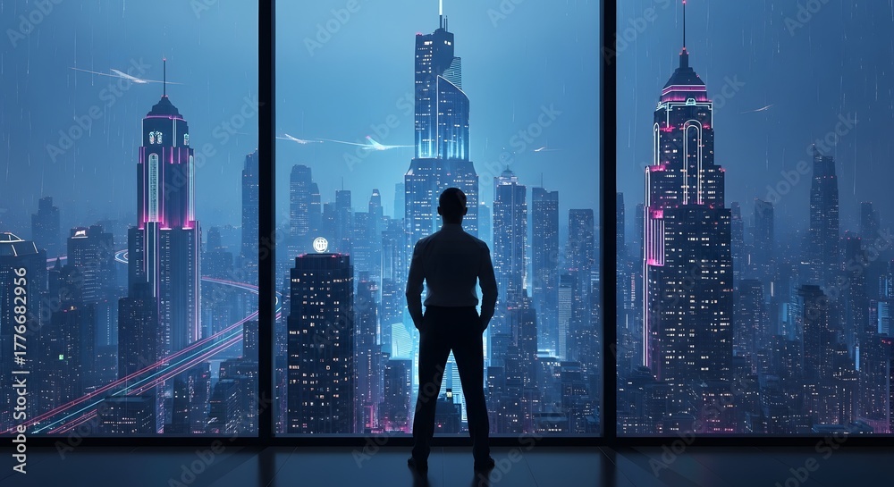 Silhouette of business person at window overlooking twilight cityscape ...