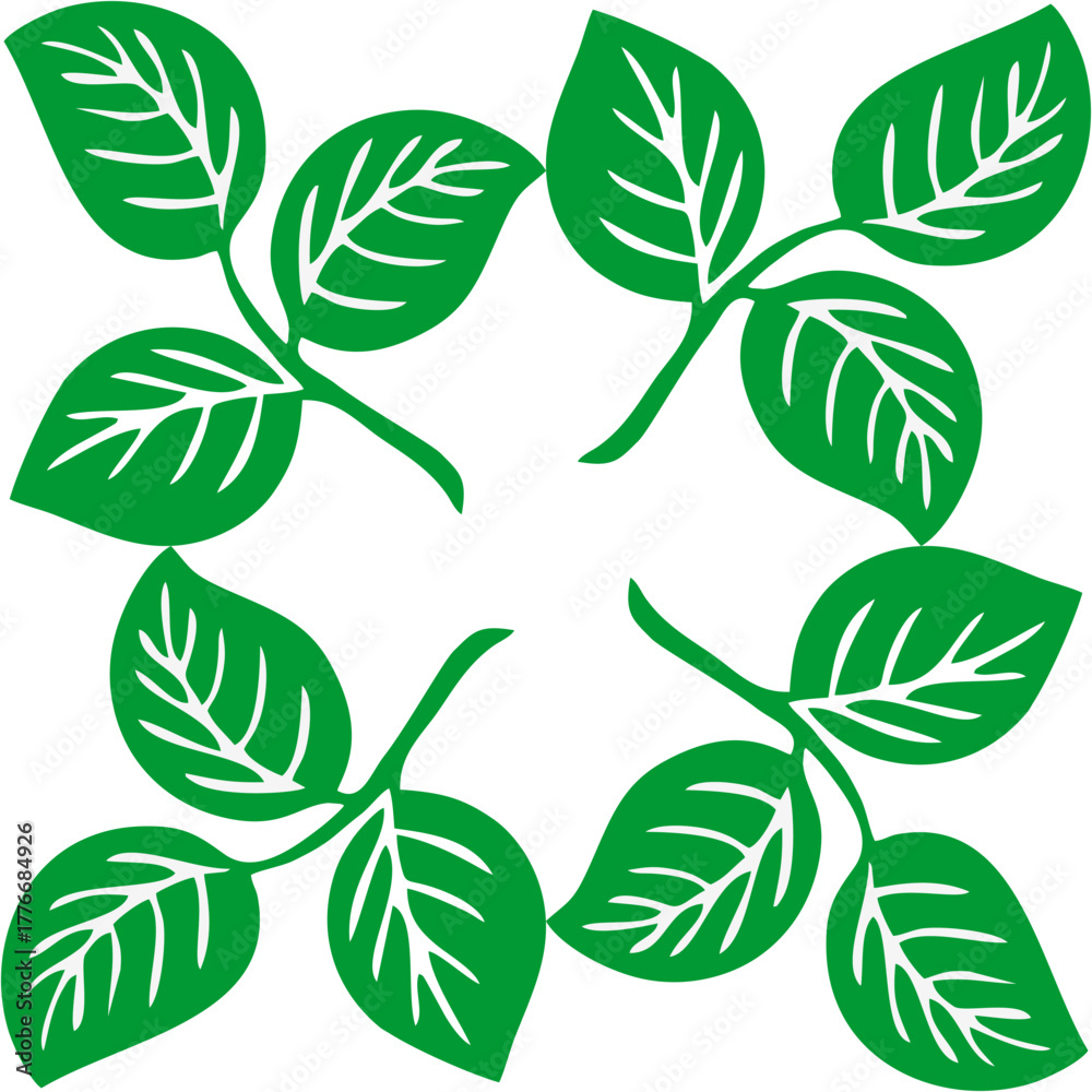 Four symmetrical clusters of green leaves form a graceful circular ...