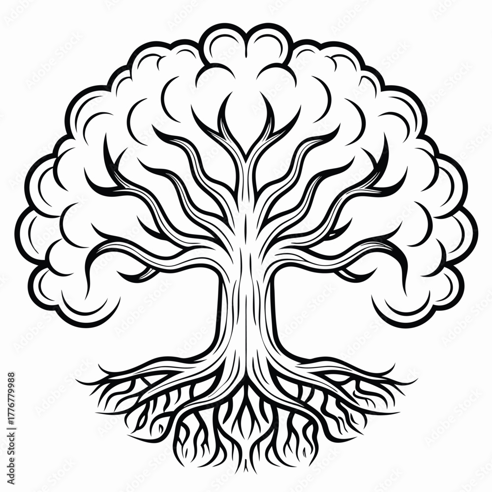 Ornate tree drawing exhibits bold black lines with visible detailed ...