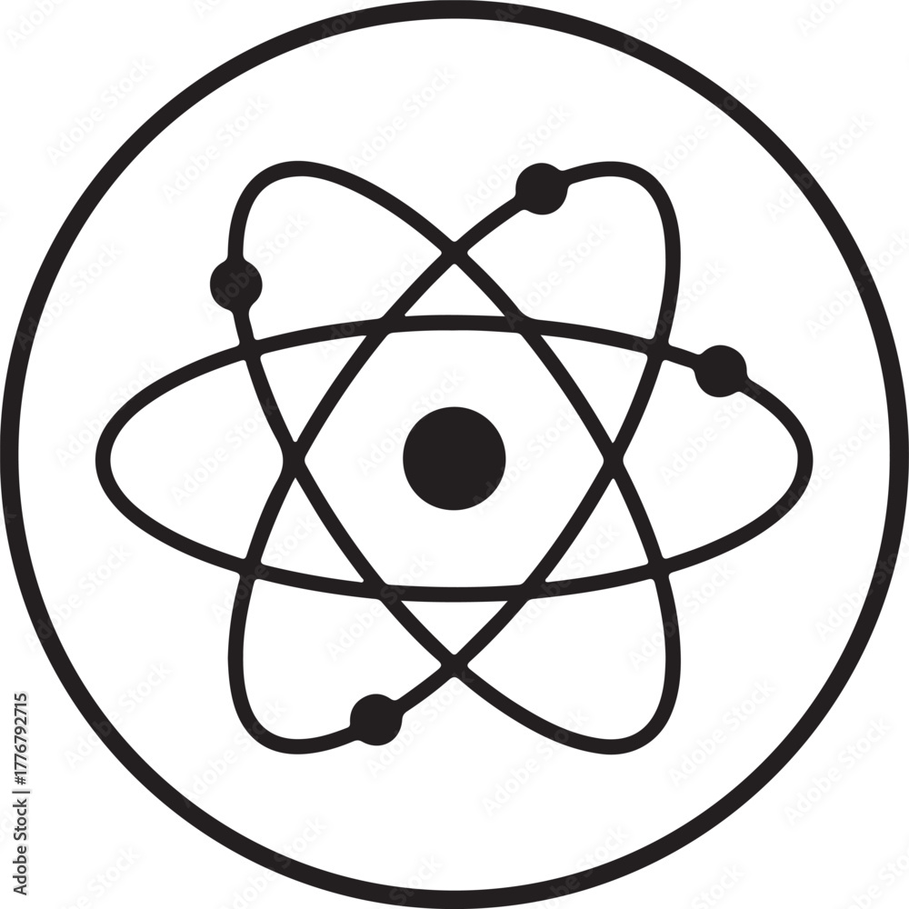 Minimalist black line atomic structure icon within a circle design ...