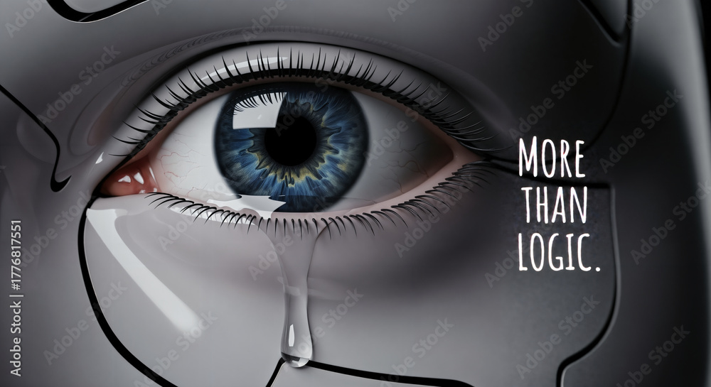 Crying robotic eye with 'MORE THAN LOGIC' text – AI emotional ...