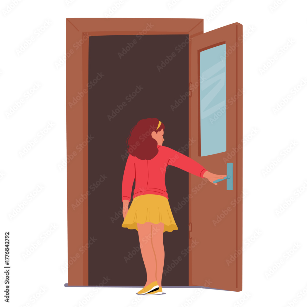 Vektor Little girl child cartoon character outing of opening building ...