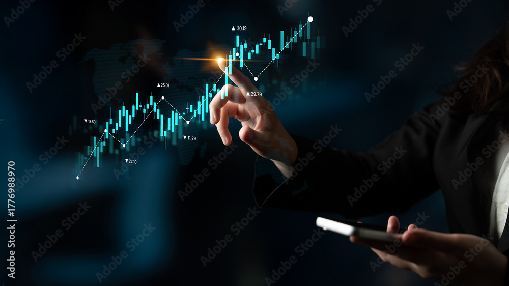 Stock market analysis with candlestick chart and price movement trend ...