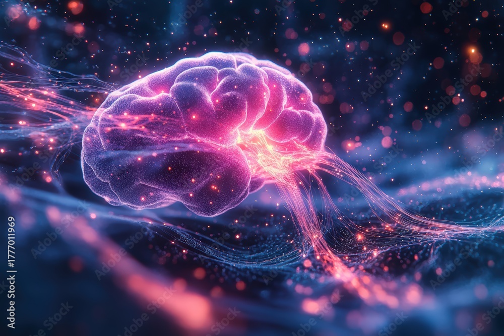 Human brain with neural network activity, glowing neurotransmitters ...