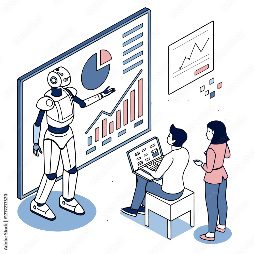 Image vectorielle Stock Robot assisting humans in analyzing charts and ...