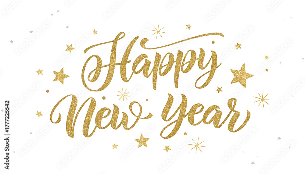 Golden Happy New Year text written with golden shiny metalic ink ...