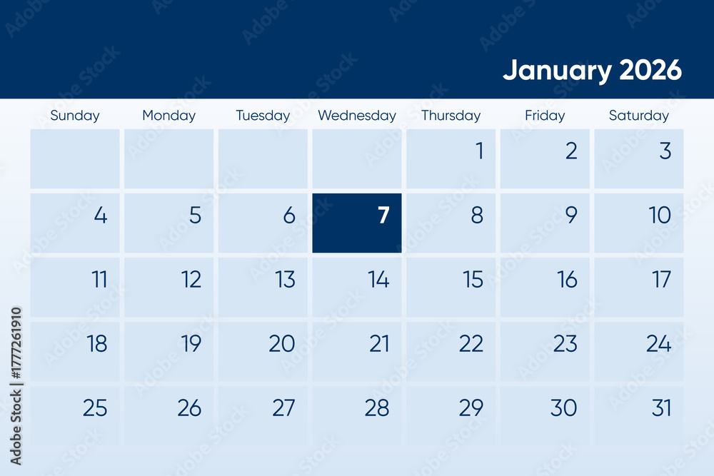 7 January 2026 calendar day design. It shows 2026 January 7 date ...
