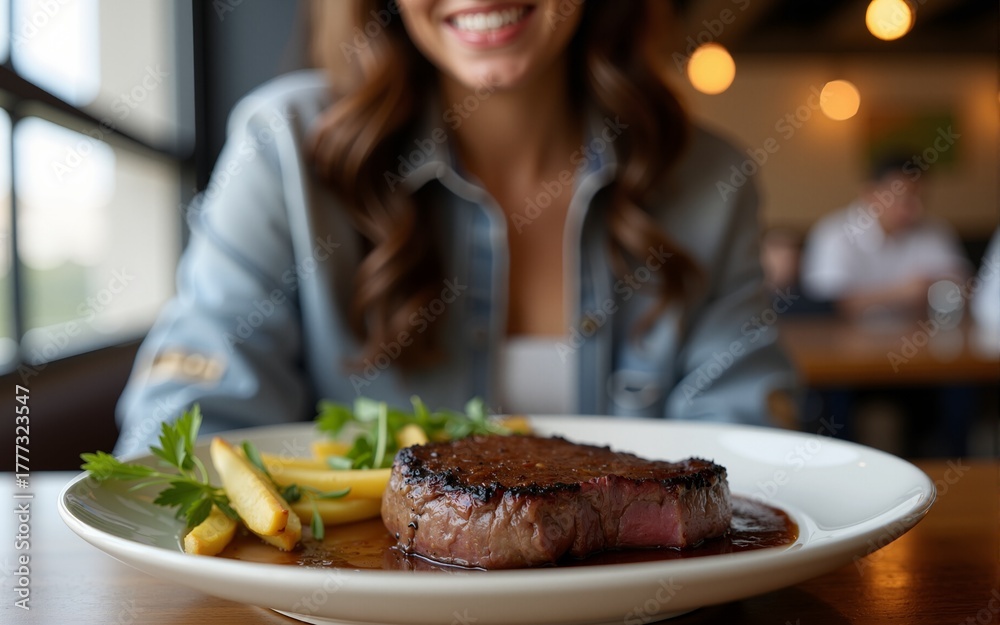 Close up photo, woman ready to eat medium rare beef steak while sitting ...