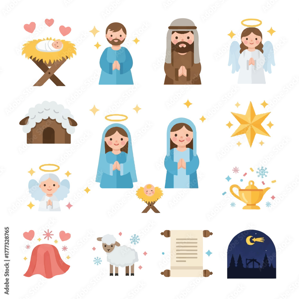 Nativity scene icons featuring baby Jesus in a manger, Mary, Joseph ...