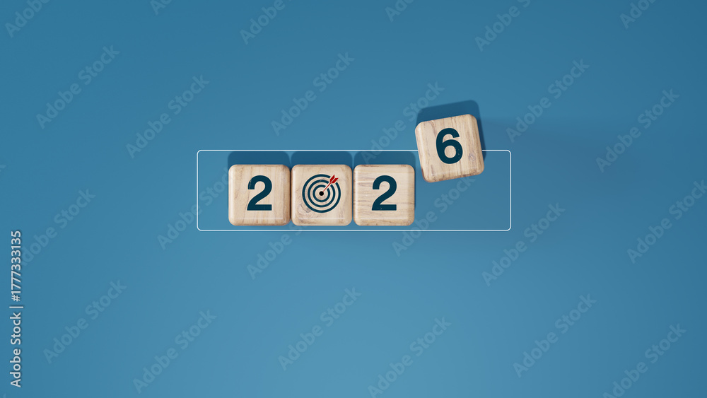 Wooden cubes forming year 2025 turning into 2026 with target icon and ...