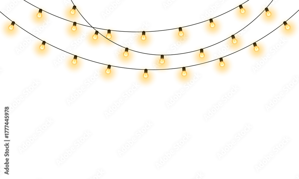 Realistic warm glowing string lights or christmas fairy light overlay ...