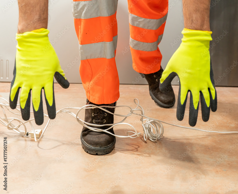 An industrial safety topic. A worker tripping over an electrical ...