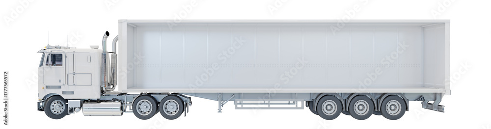 White semi-trailer truck with the side panel removed. Side view ...