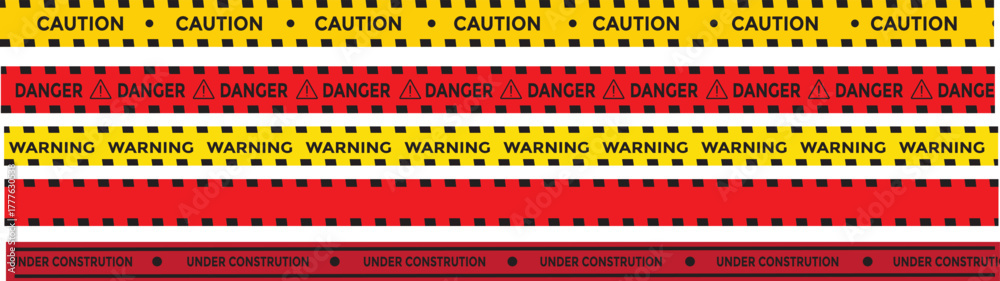 Yellow and black danger tape set with skull symbols for safety hazard ...