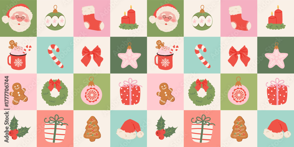 Vector de Stock Christmas seamless pattern with cute hand drawn holiday ...